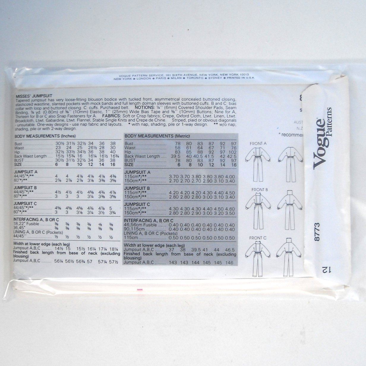 Vogue Pattern 8773 Size 12 Misses Jumpsuit