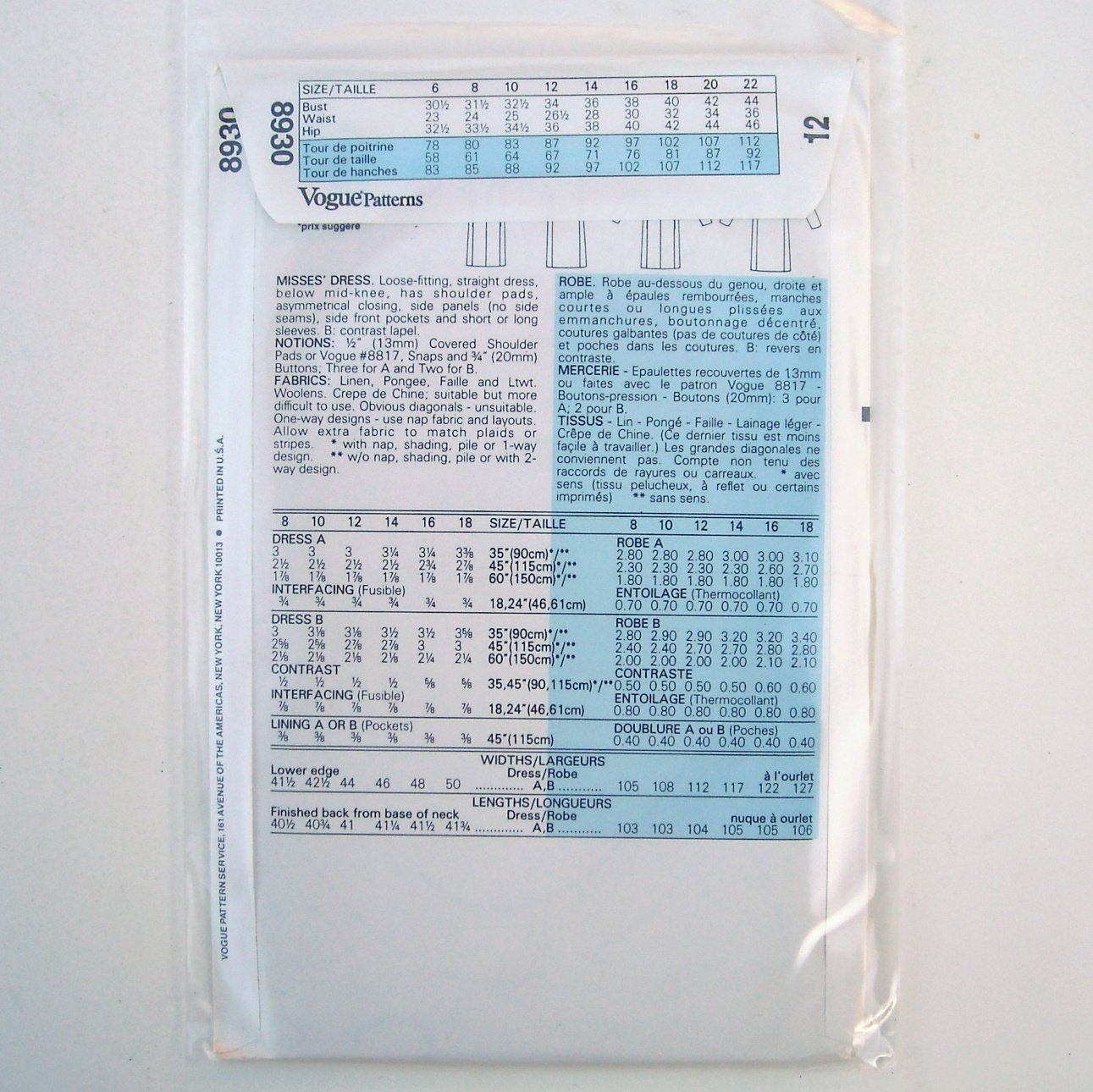 Vogue Very Easy Pattern 8930 Size 12 Misses Dress