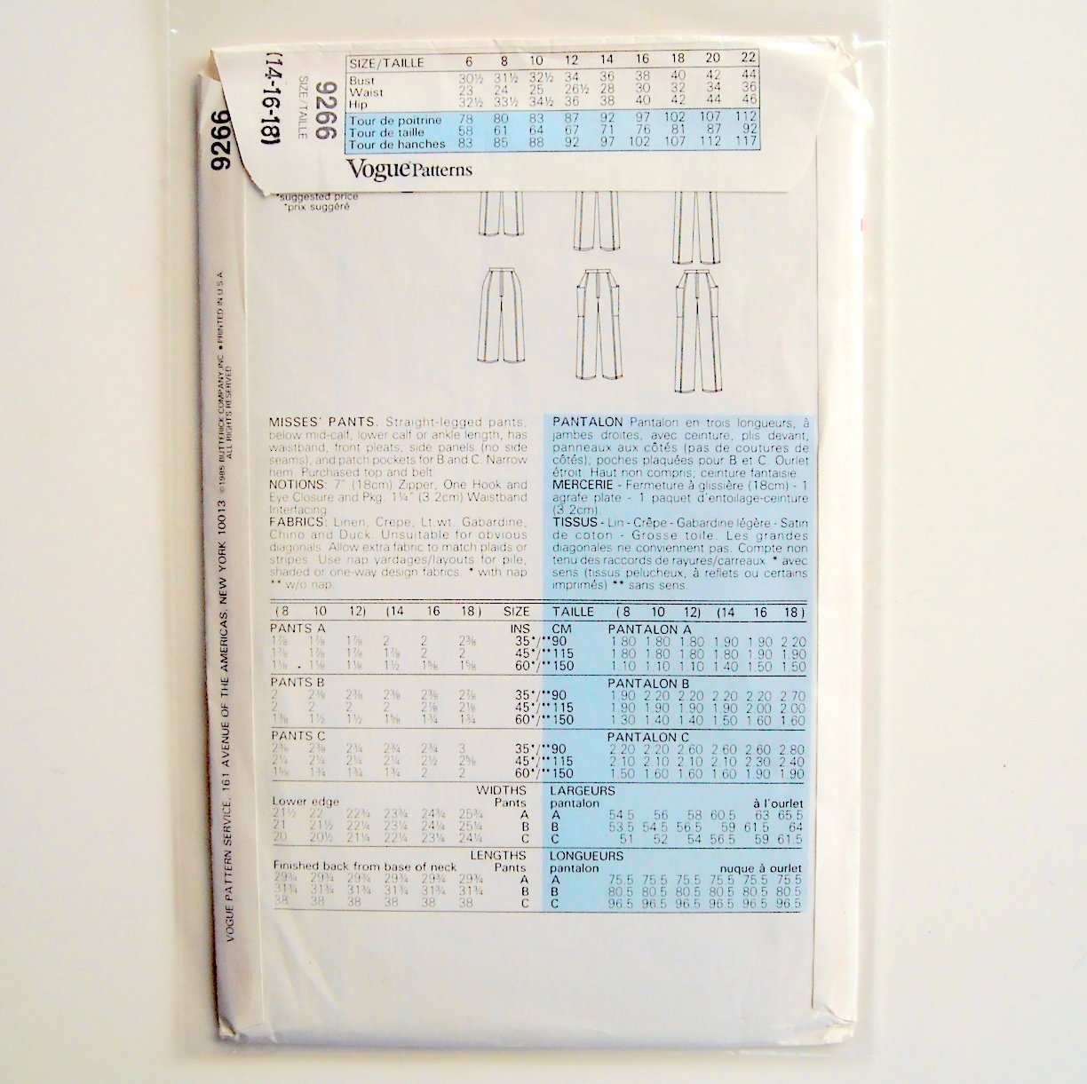 Vogue Very Easy Pattern 9266 Size 14 - 18 Misses Pants