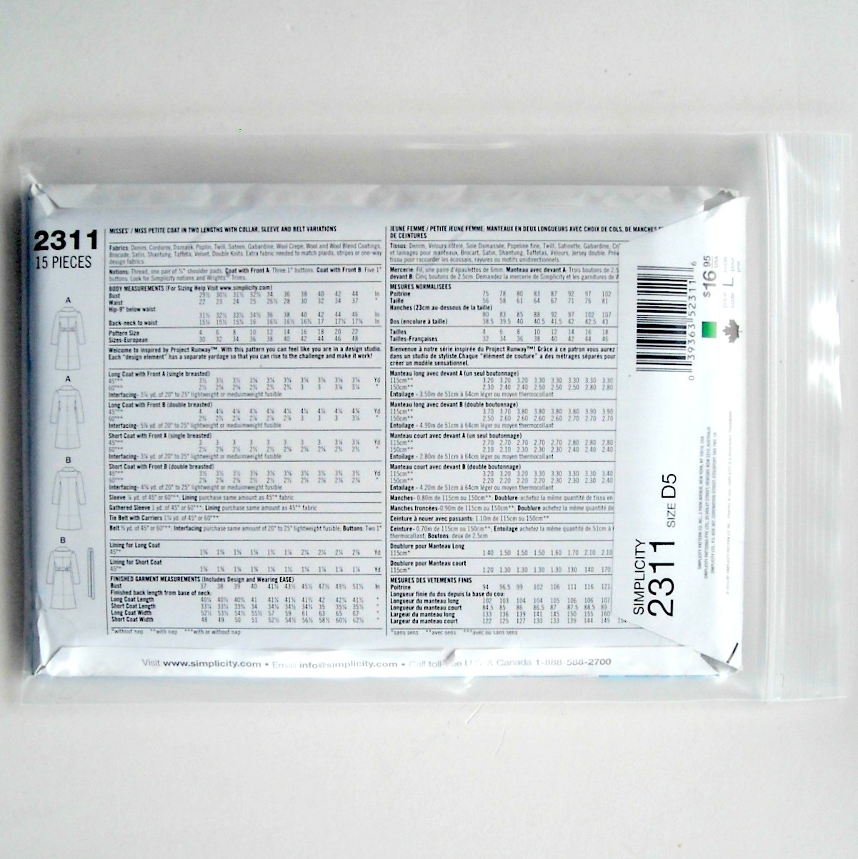 Misses Miss Petite Coats 4 - 12 Project Runway Simplicity Sewing ...