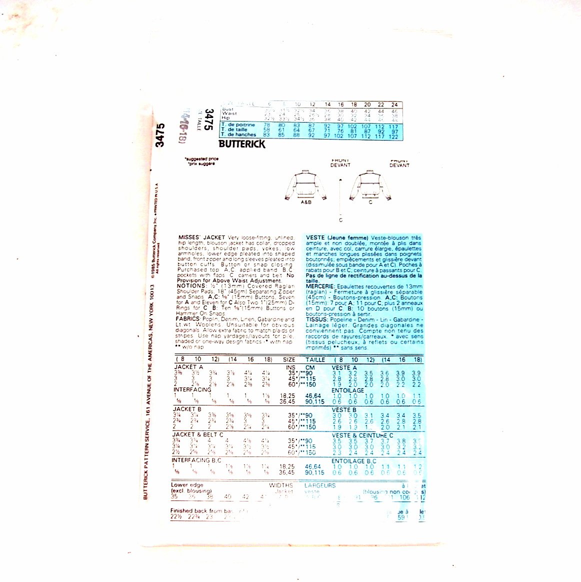 Misses Jacket Size 12 14 16 Vintage Butterick Pattern 3475