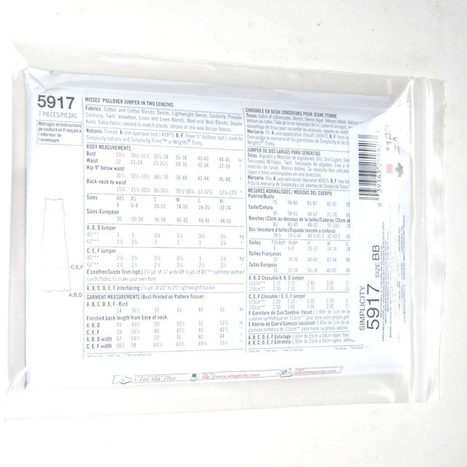 Misses Pullover Jumper Simplicity Sewing Pattern 5917