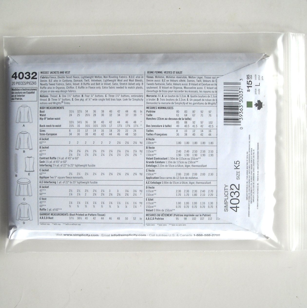 Misses Jackets Vest 8 10 12 14 16 Simplicity Sewing Pattern 4032
