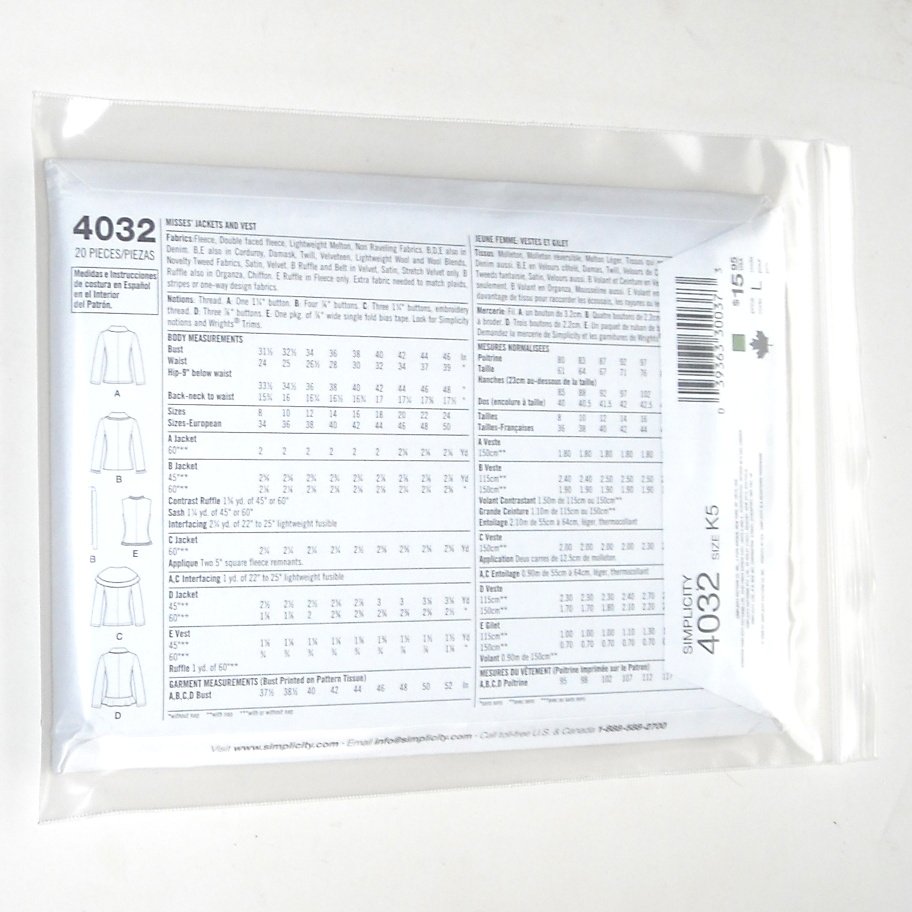 Misses Jackets Vest 8 10 12 14 16 Simplicity Sewing Pattern 4032