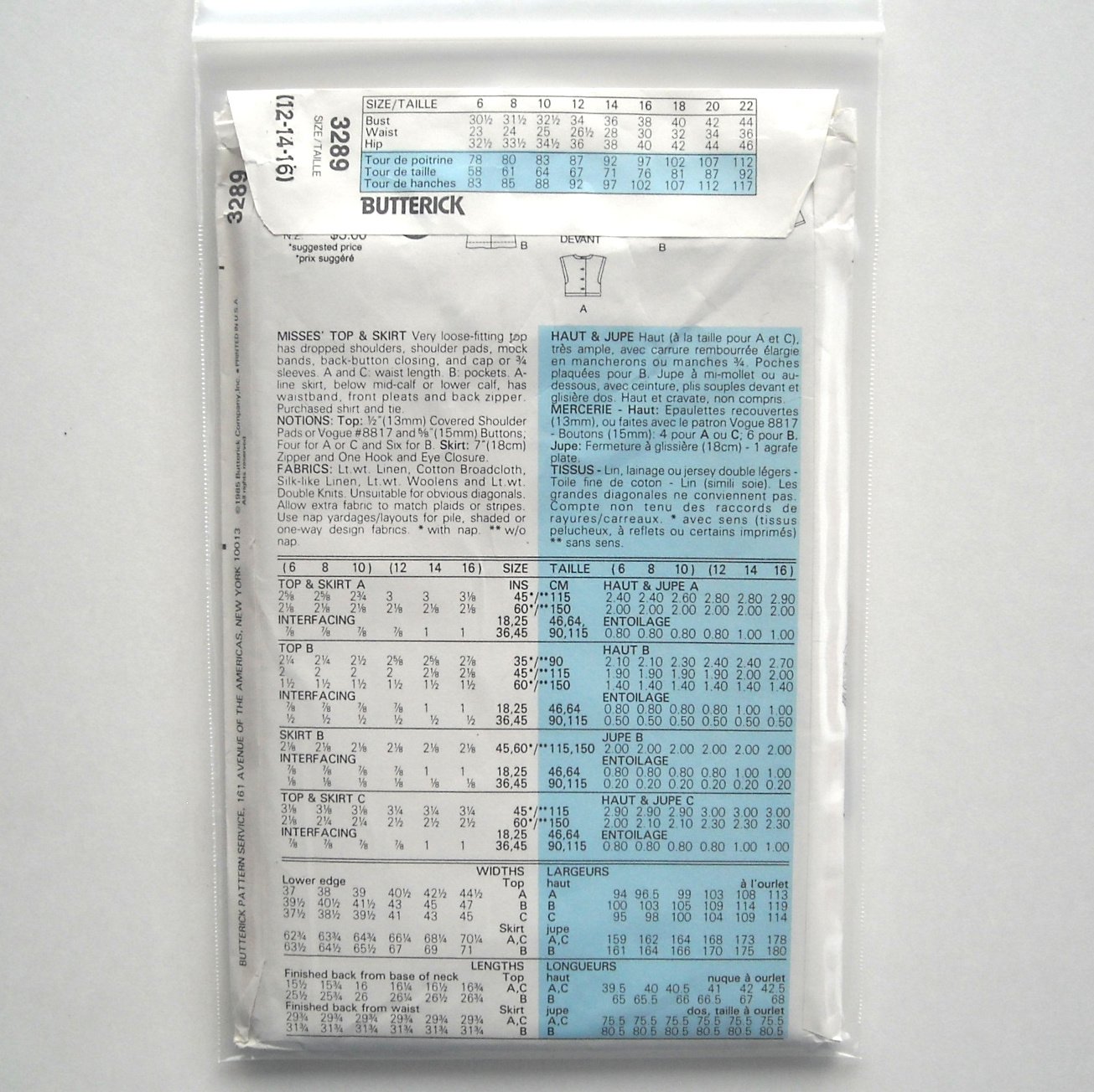 Top Skirt Misses 12 14 16 Vintage Butterick Sewing Pattern 3289