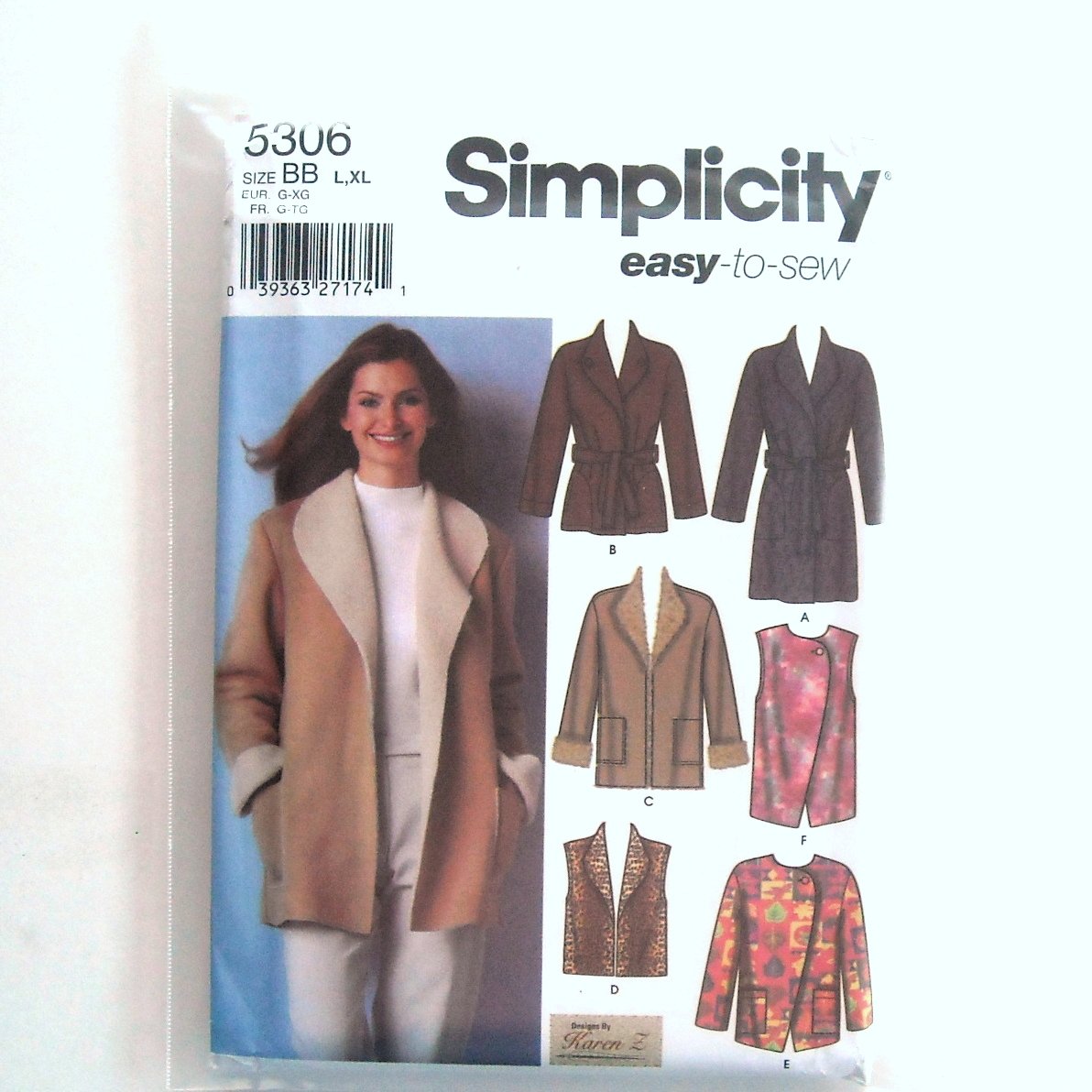 Misses Coat Jackets Vest L XL Simplicity Sewing Pattern 5306