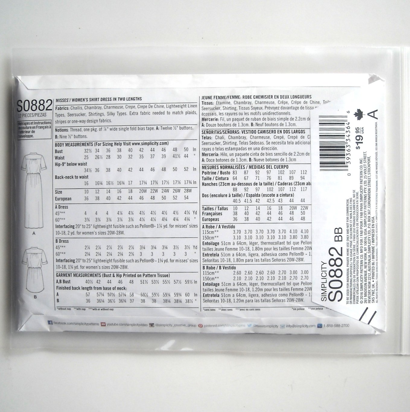 Womens Shirt Dress 20W - 28W Simplicity Sewing Pattern S0882