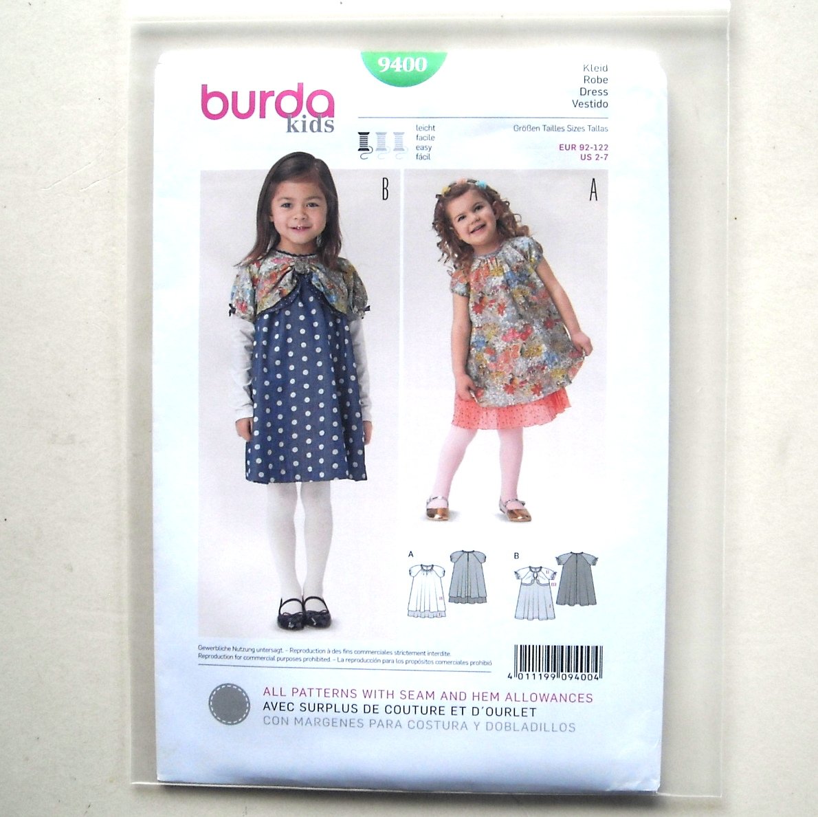 Girls Dress 2 3 4 5 6 7 Burda Kids Sewing Pattern 9400