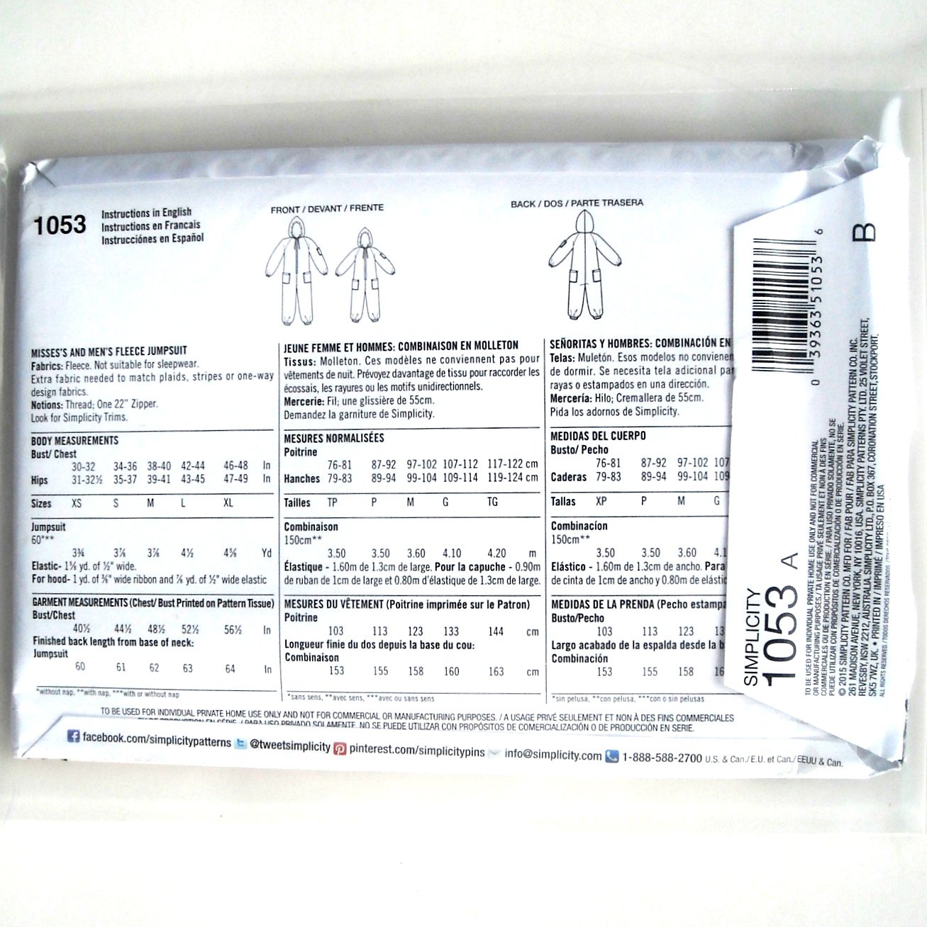 Fleece Jumpsuit XS - XL Easy Simplicity Sewing Pattern 1053