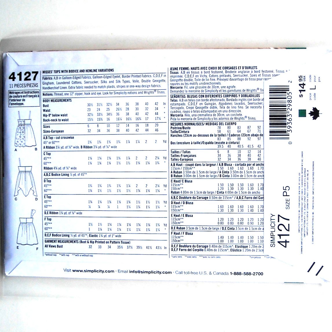 Simplicity Pattern 4127 Size 12 - 20 Six Made Easy Misses Summer Tops