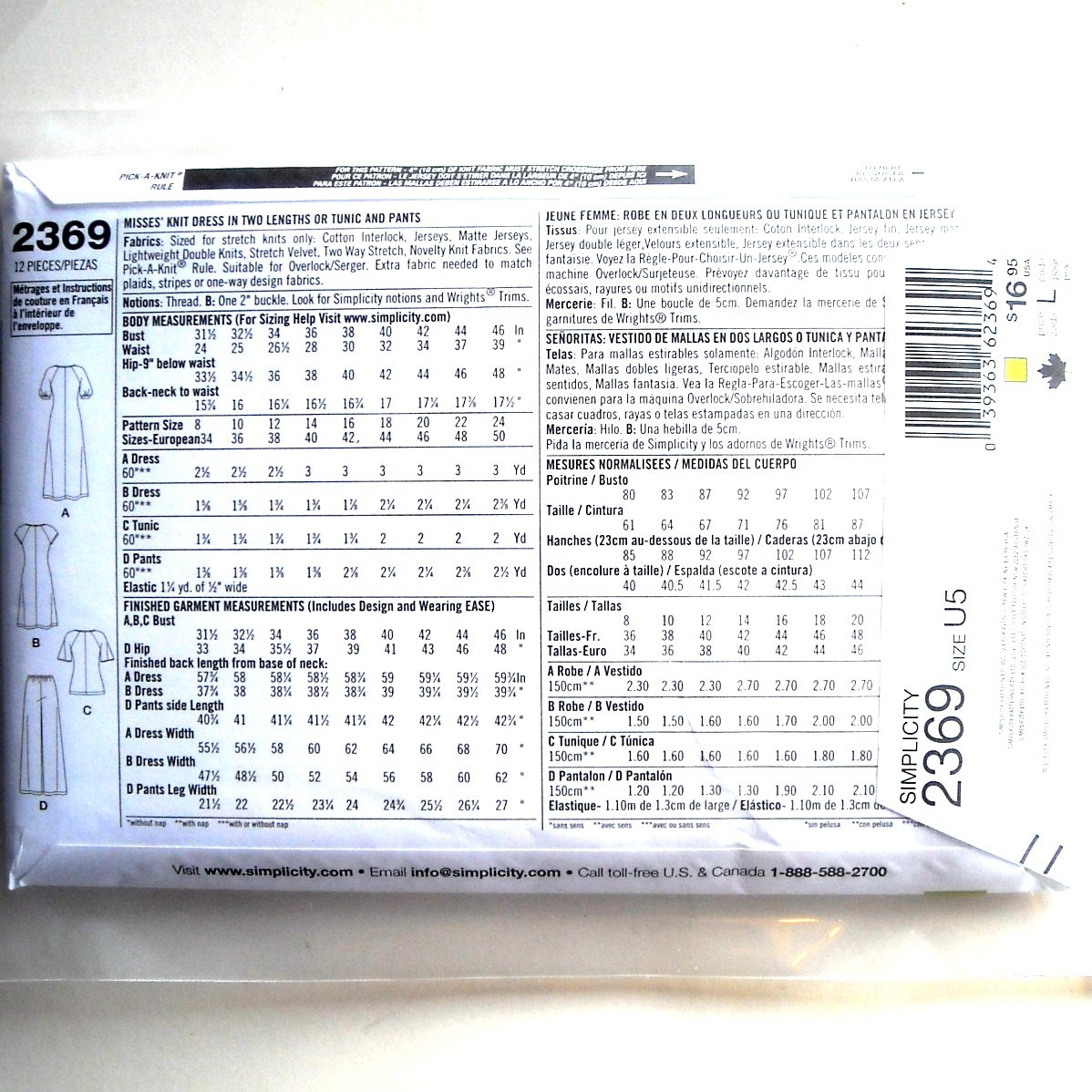 Misses Knit Dress Tunic Pants 16 18 20 22 24 Simplicity Sewing Pattern 2369