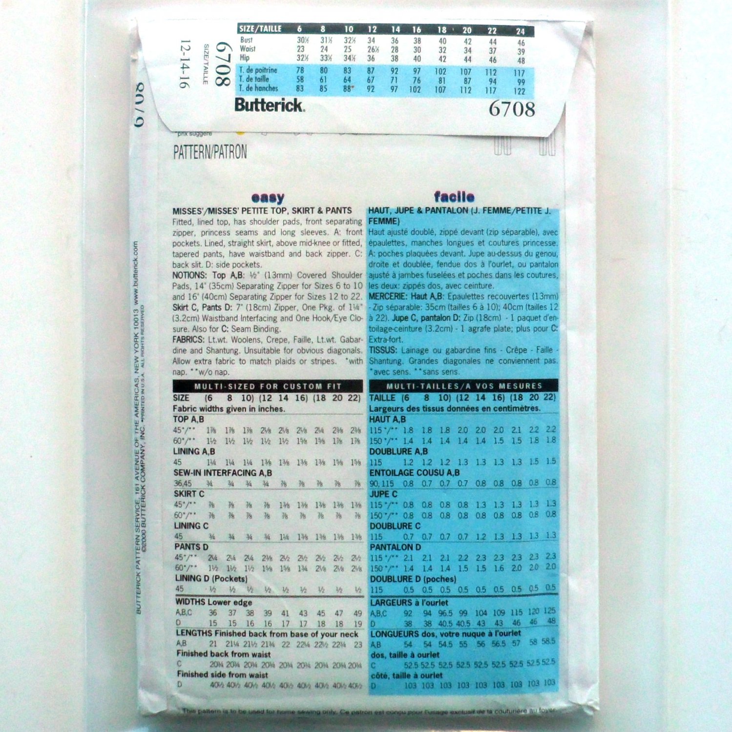 Misses Top Skirt Pants 12 14 16 Butterick Sewing Pattern 6708