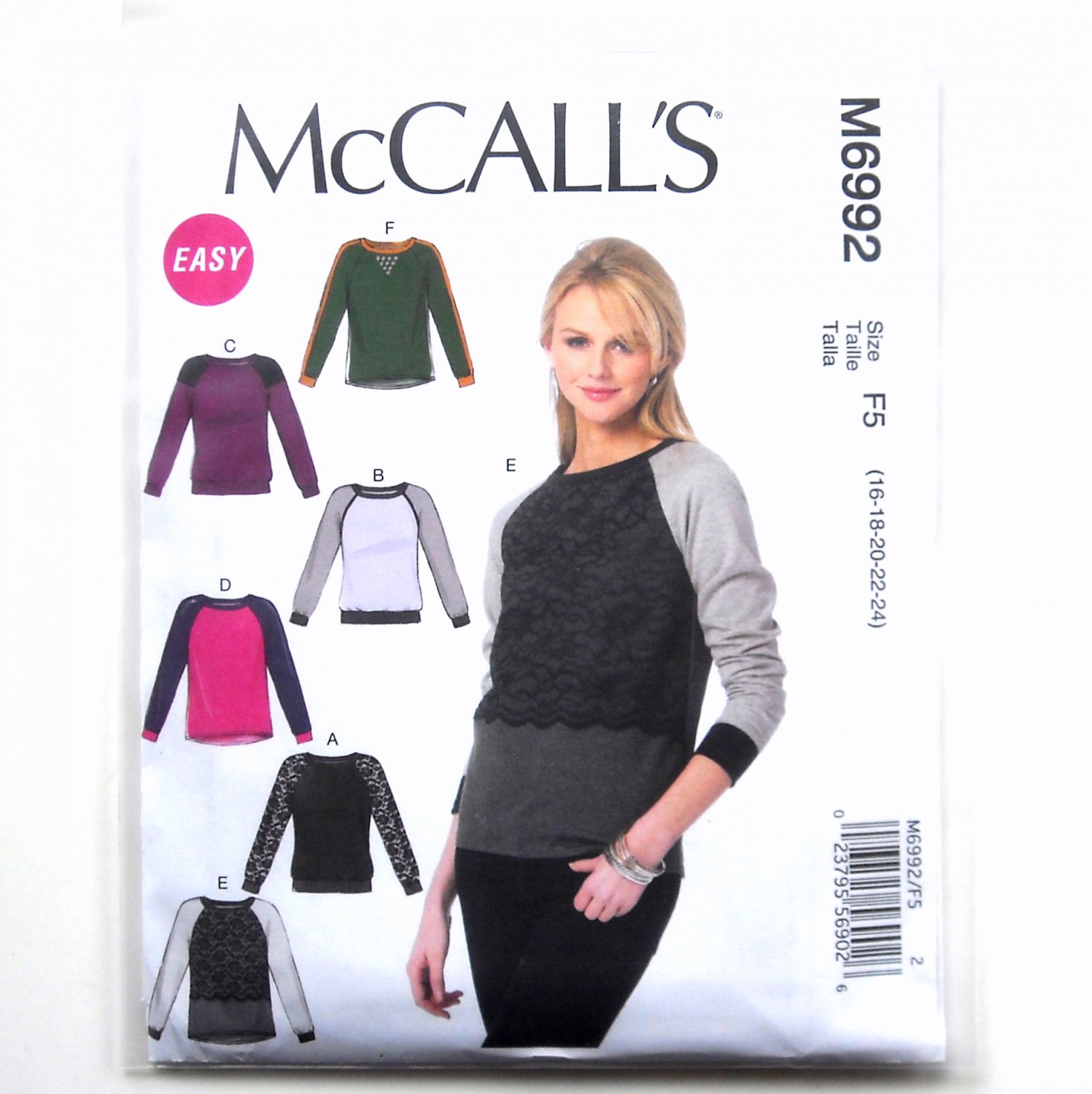 Misses Womens Raglan Sleeve Tops 16 18 20 22 24 Easy McCalls Sewing ...