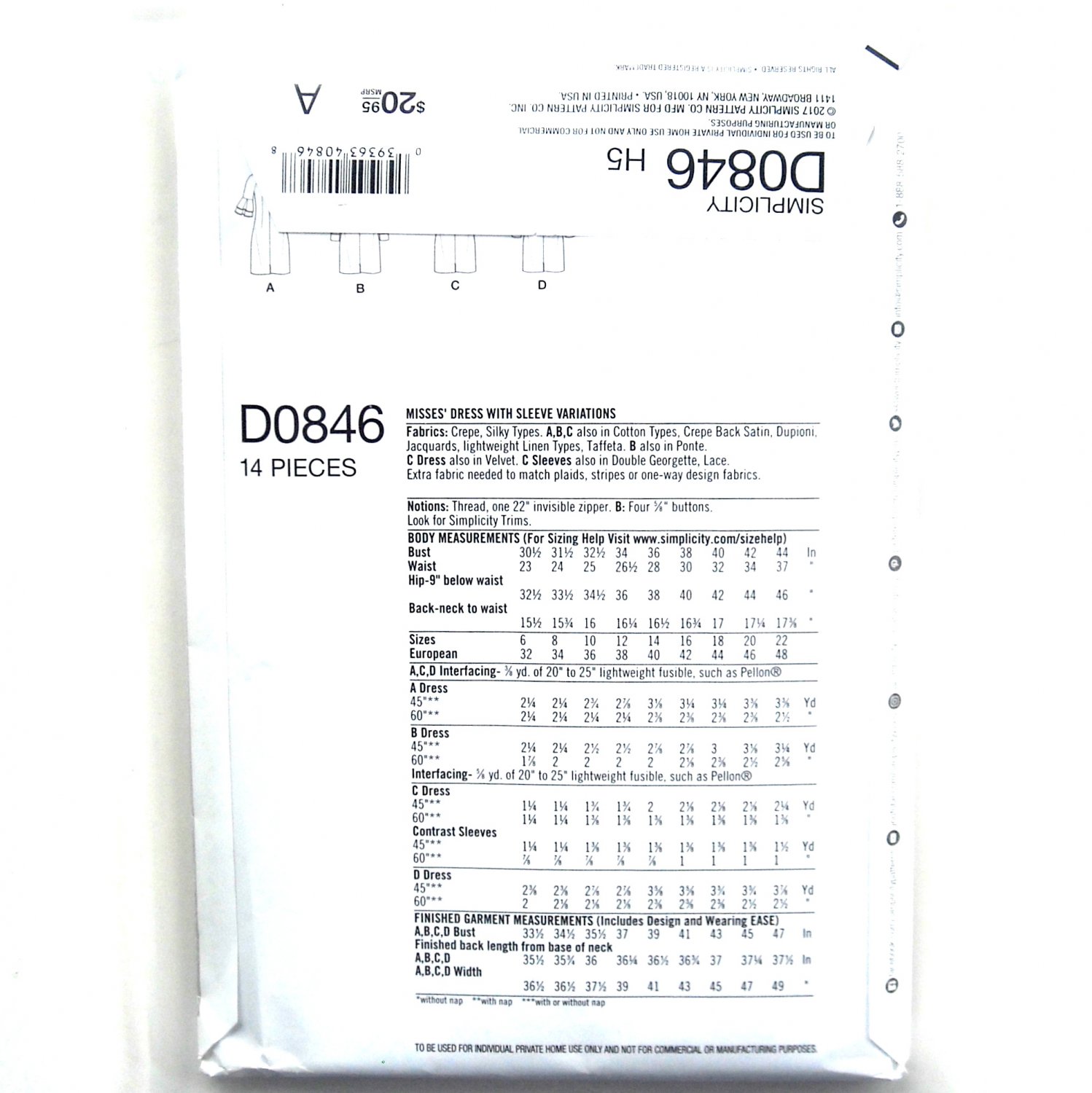 Misses' Dresses Simplicity Sewing Pattern D0846