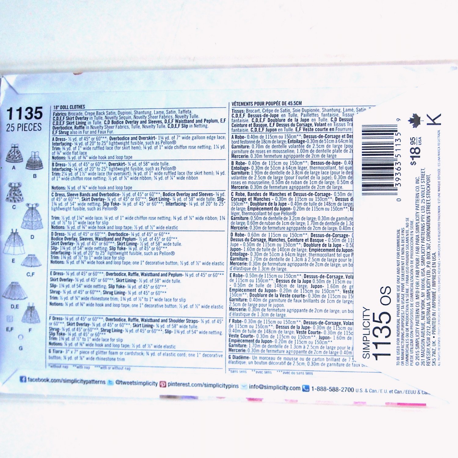 Dresses Doll Clothes Elaine Heigl Simplicity Sewing Pattern 1135