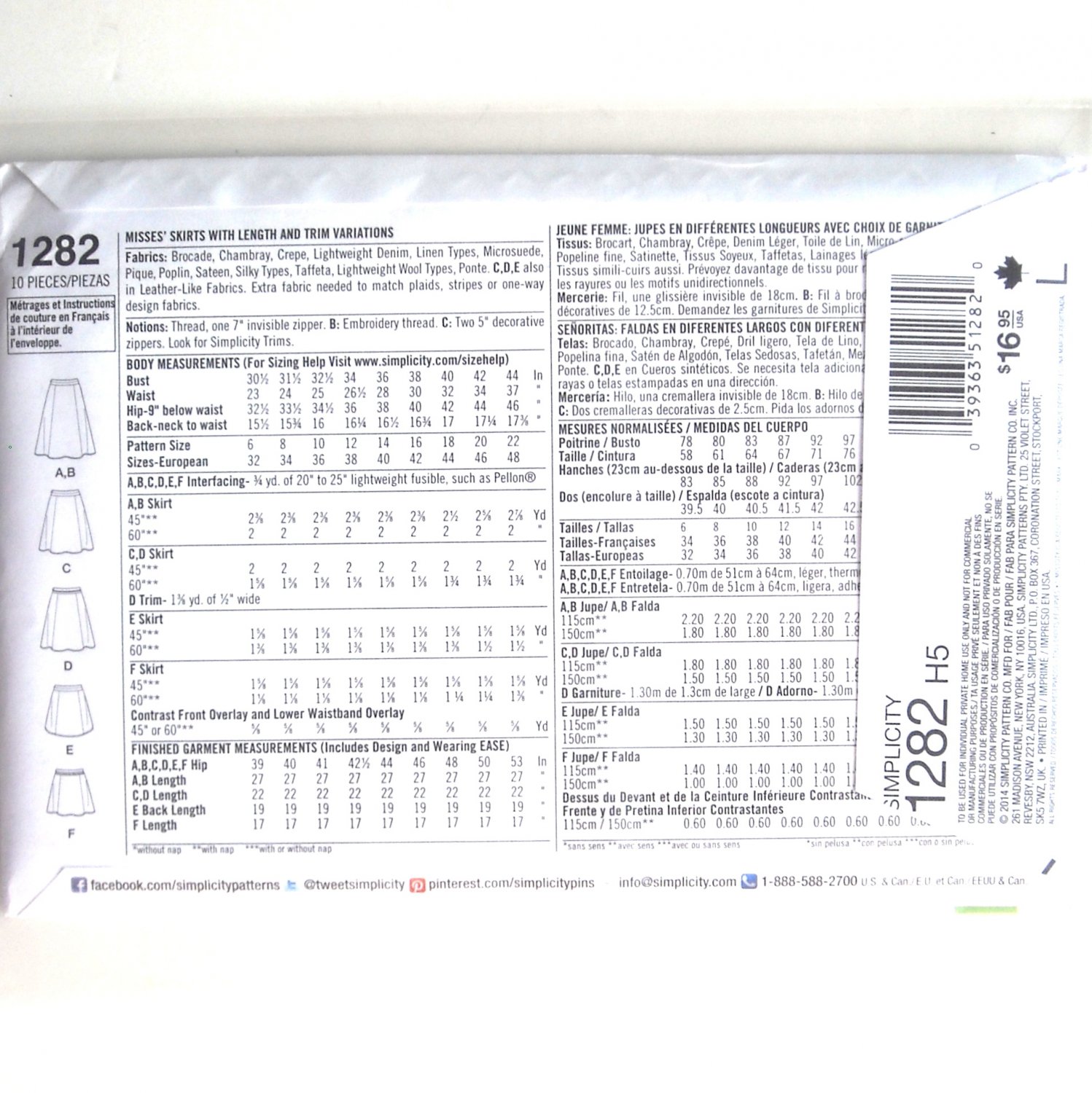 Misses' Skirts Karen Z Simplicity Sewing Pattern 1282