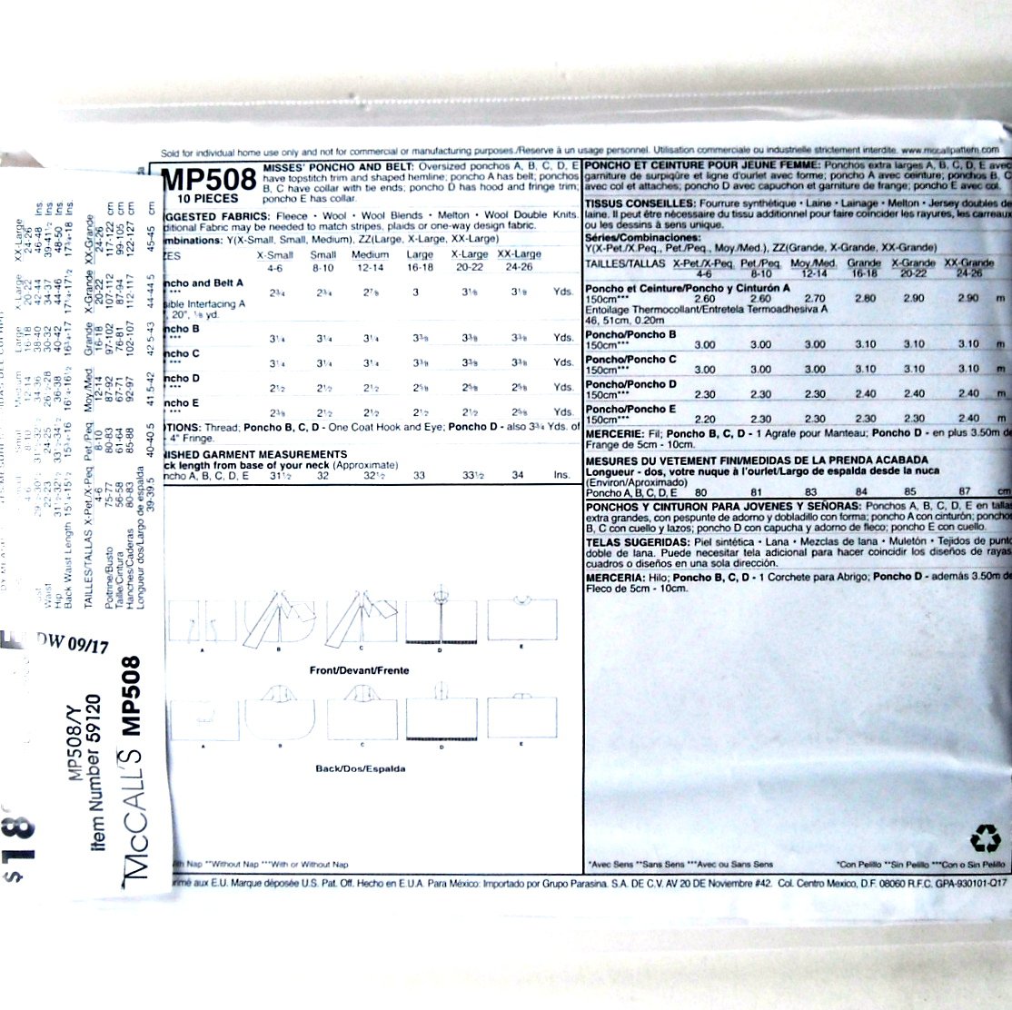 Misses' Ponchos Belt McCall's Sewing Pattern MP508