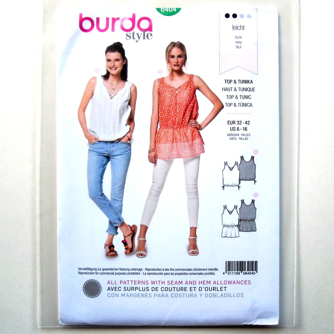 Misses V Neck Tops Burda Style Sewing Pattern 6404