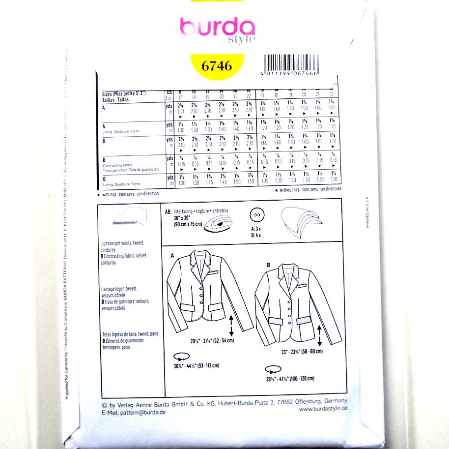 Misses Blazer Fitted Jackets Burda Style Sewing Pattern 6746