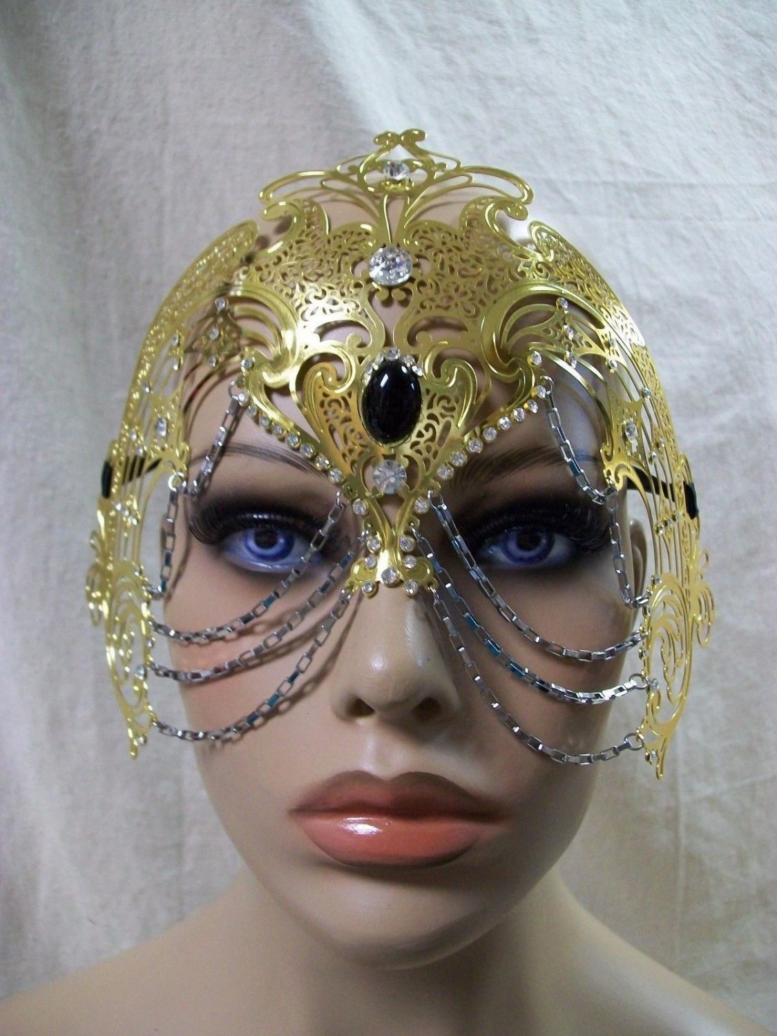 Gold Metal Filigree Mask Headpiece w/ Chains Egyptian Queen Gypsy Lady ...