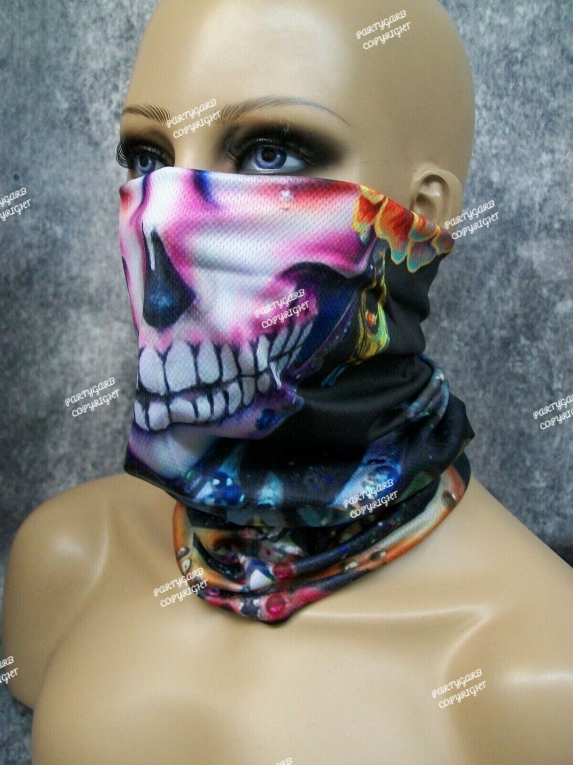 Colorful Jeweled Lady Skeleton Face Mask Neck Gaiter Gypsy Costume Day ...