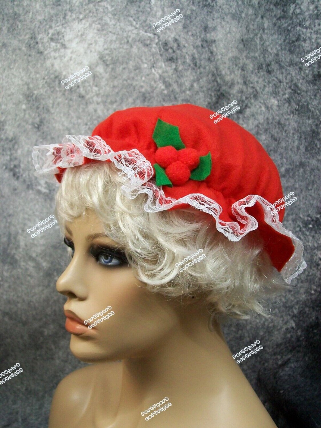 Festive Red White Mrs Claus Hat Mop Cap Mob Colonial Granny Christmas ...