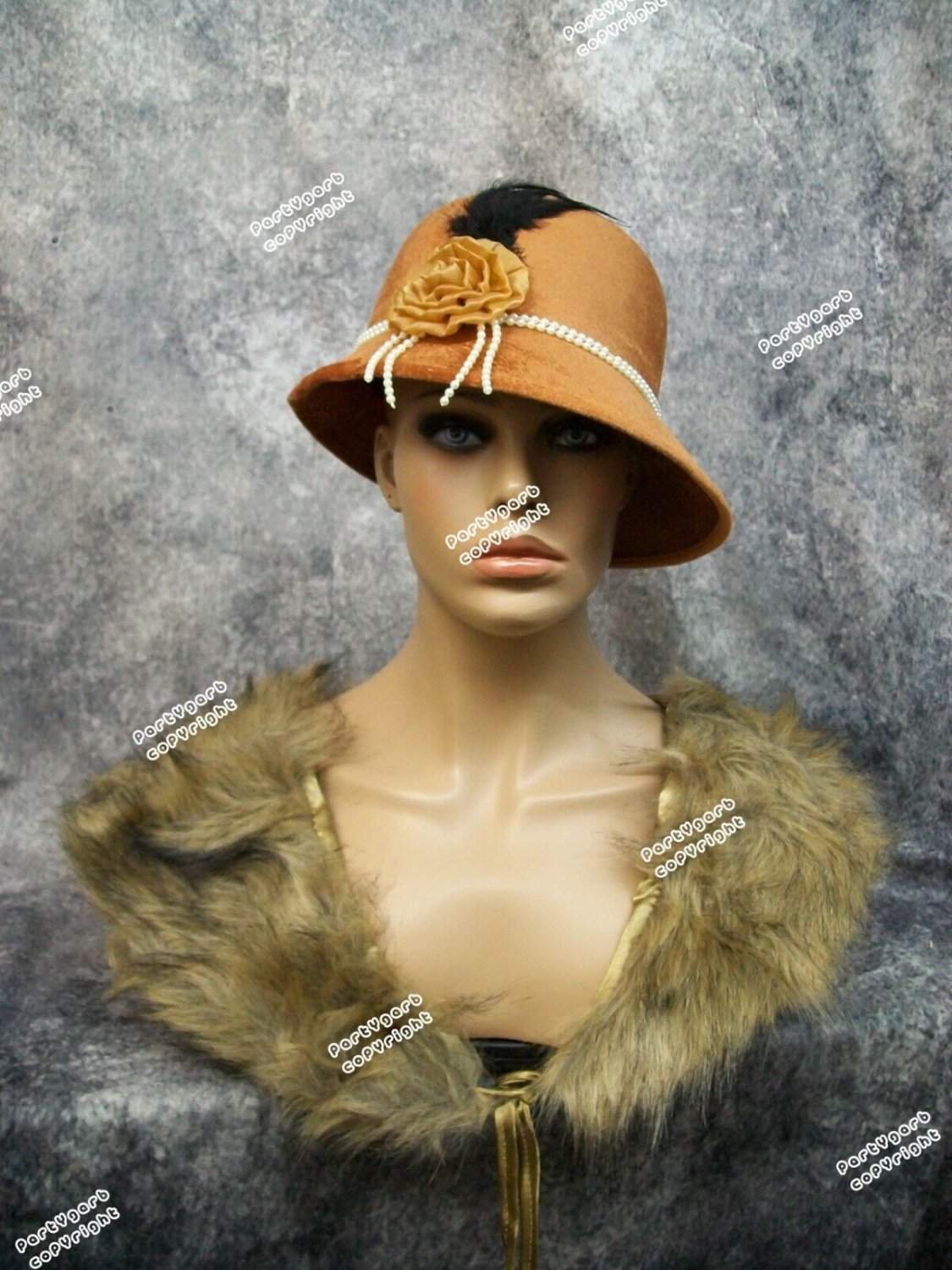 1920s Costume Hat & Brown Stole Wrap Cloche 30s Fancy Dress English ...