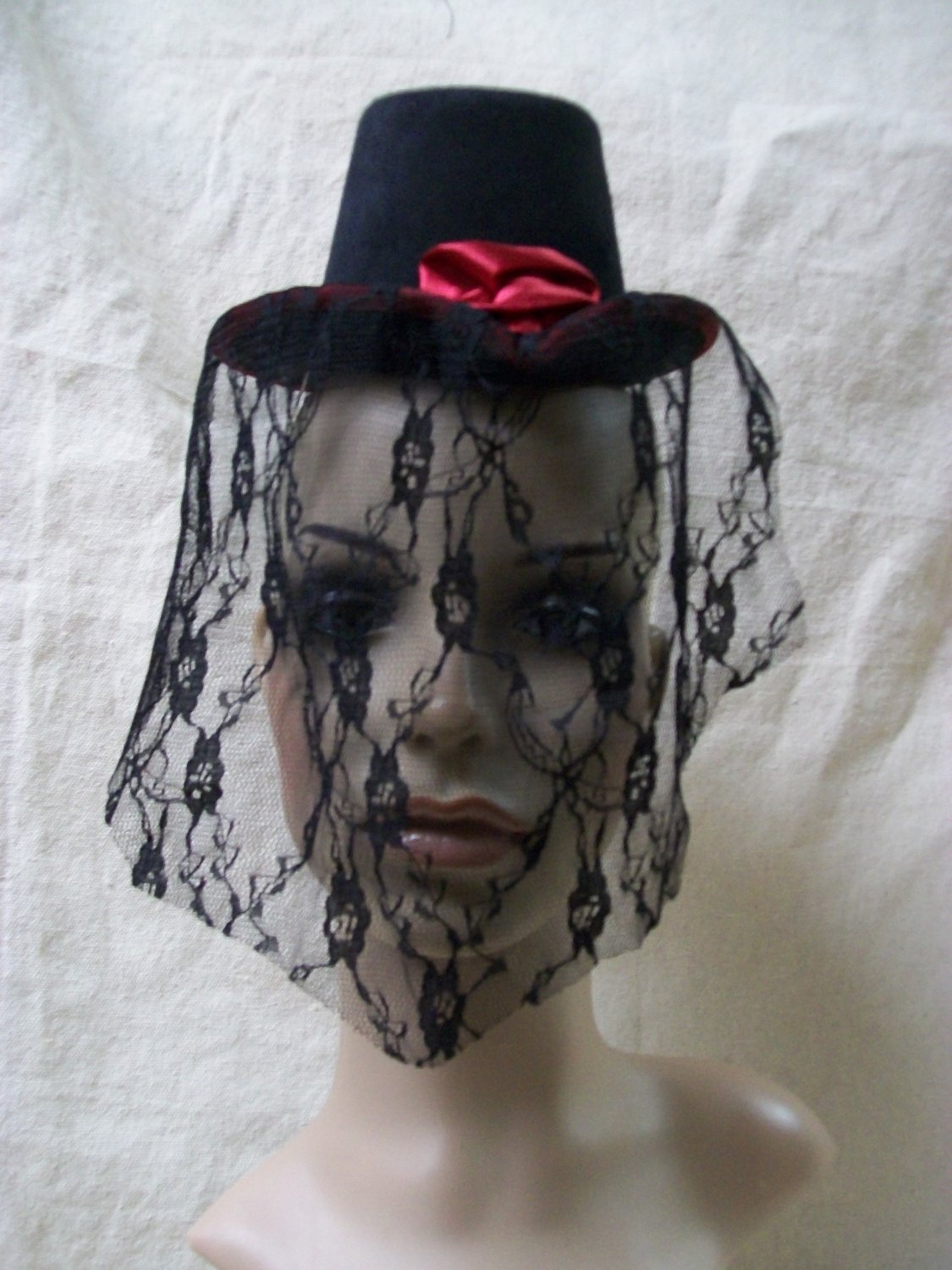 Mini Cocktail Victorian Black Red Top Hat w/ Lace Veil Steampunk Gothic ...