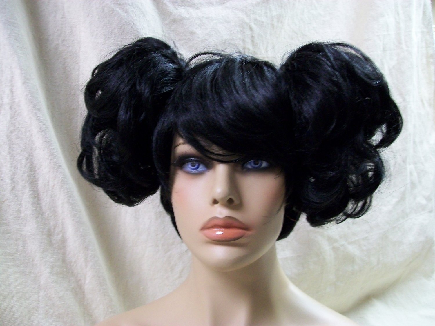 Black Bob Costume Wig w/ 2 Clip on Side Puffs Pouf Wear 2 ways Clown ...