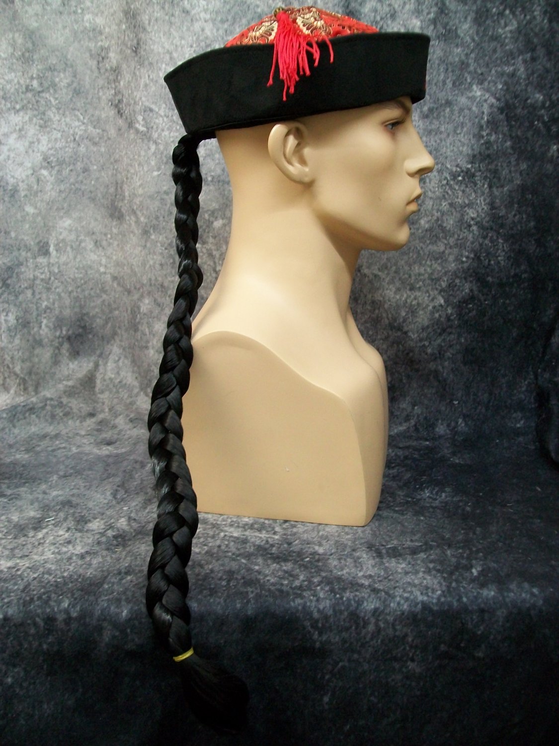 Mandarin Costume Cap Chinese Hat Headpiece w/ Tassel Long Braid Emperor ...