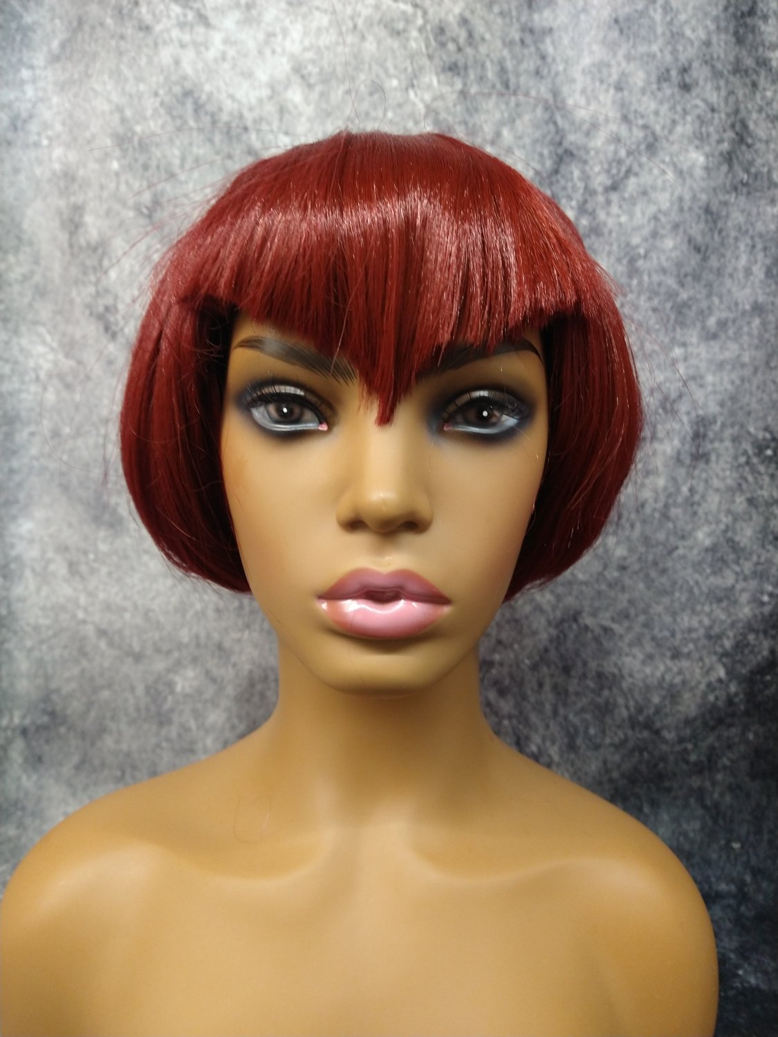Short Dark Red Vamp Wig Bobbed Widows Peak Bangs Goth EMO Gal Vampiress ...