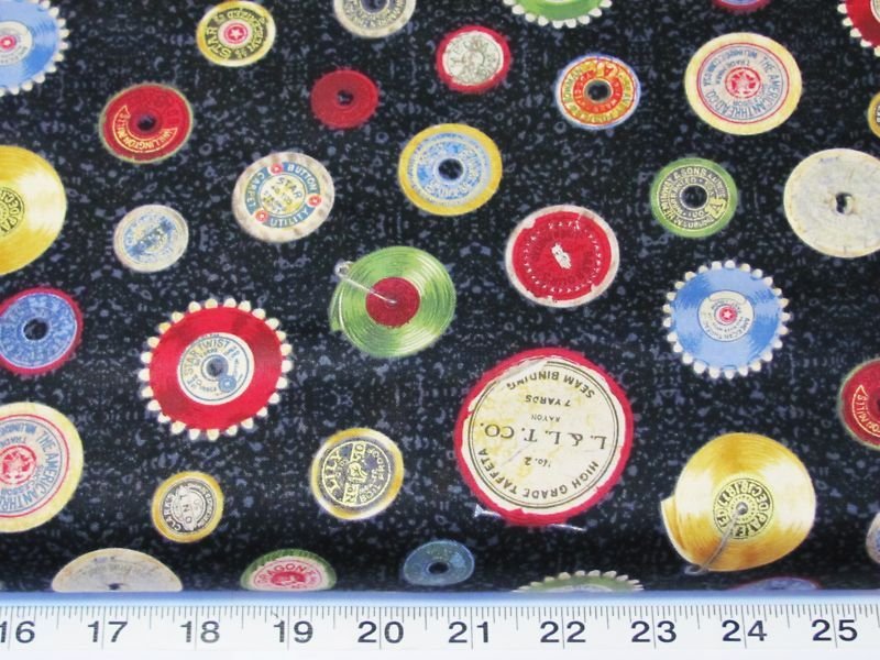 BTY BLACK SEWING THREAD LABELS LAKEHOUSE COTTON FABRIC