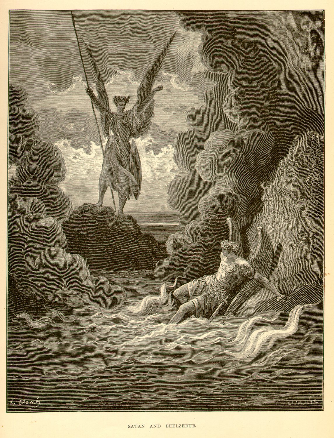Satan and Beelzebub, Gustave Dore, 126 year old antique engraving