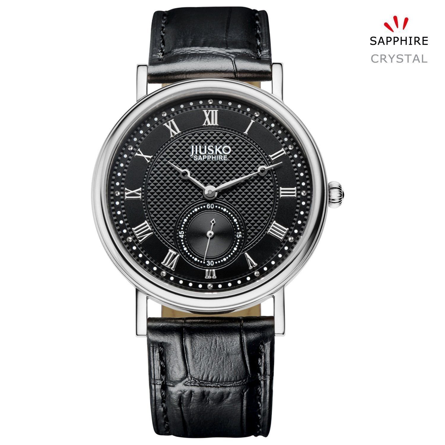 JIUSKO Men's Classic Black Leather Round Quartz Dress Watch - 132MS02