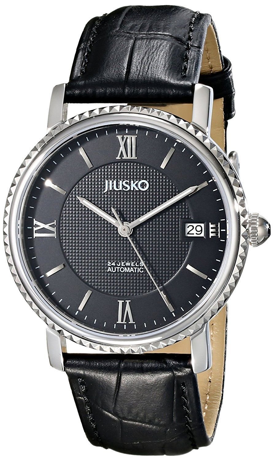 JIUSKO Men's 24 Jewel Automatic Dress Wrist Watch Black Leather Strap ...