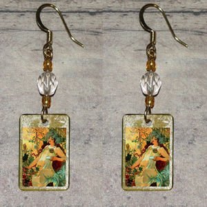 Autumn goddess Fall Alphonse Mucha Altered Art Beaded Charm EARRINGS