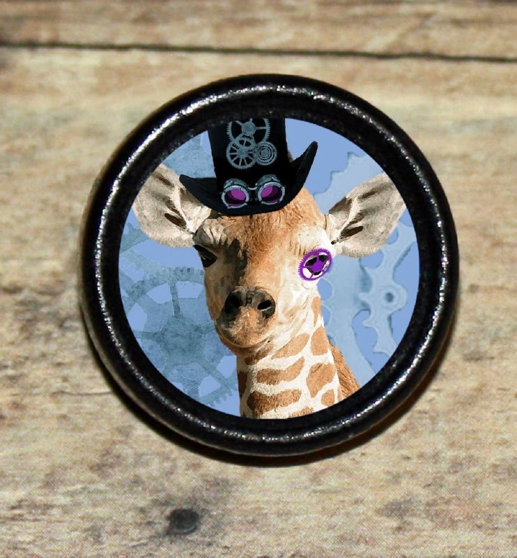 STEAMPUNK GIRAFFE top hat goggles cog Altered Art Tie Tack or Ring or ...