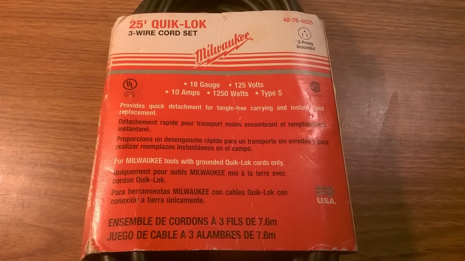 Milwaukee 25' Quik-Lok 3-Prong Grounded Cord Set (48-76-4025) 18Gauge ...