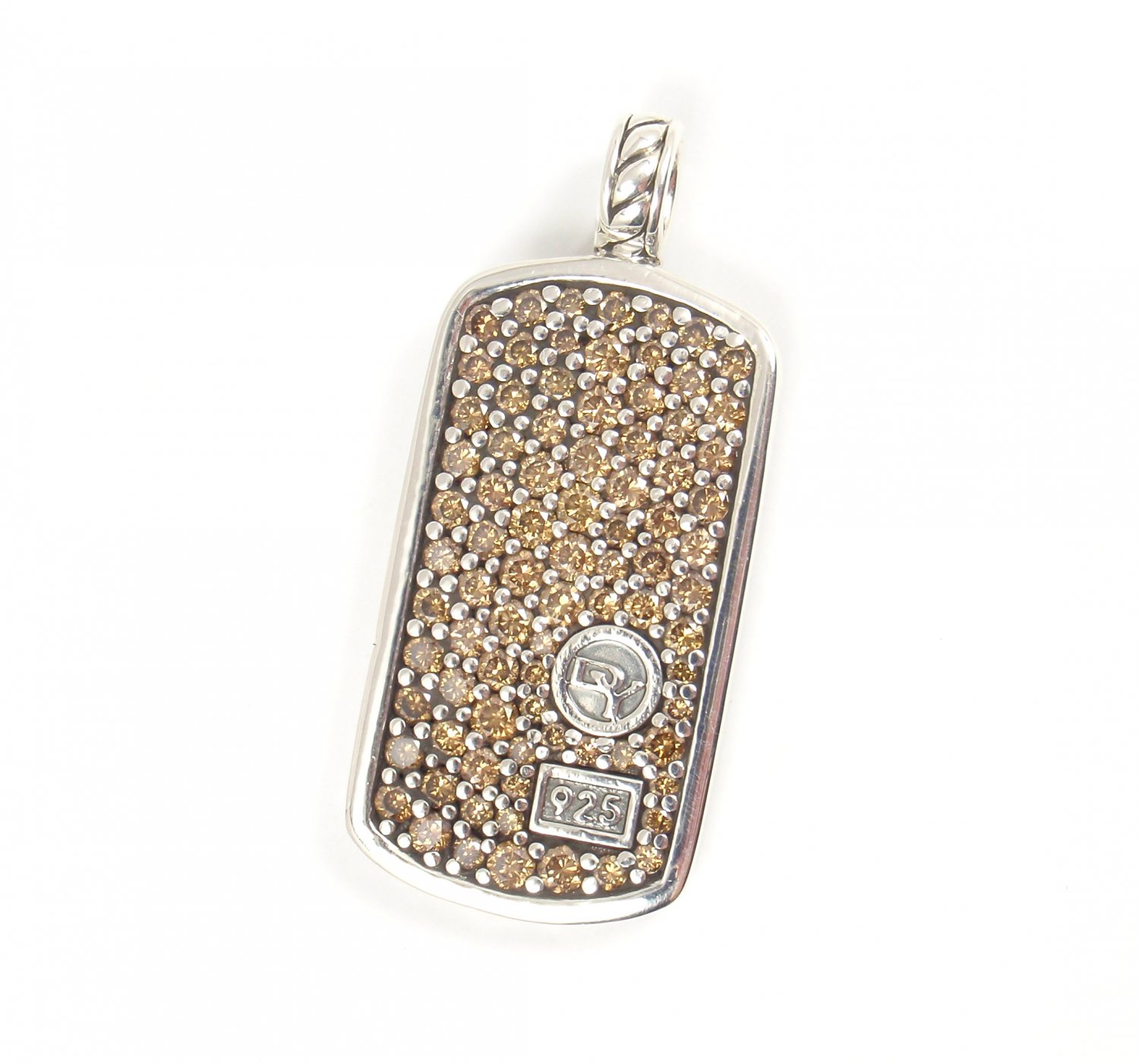 Rare David Yurman Sterling Silver LARGE 2.87ct Cognac Diamonds Pave Dog Tag