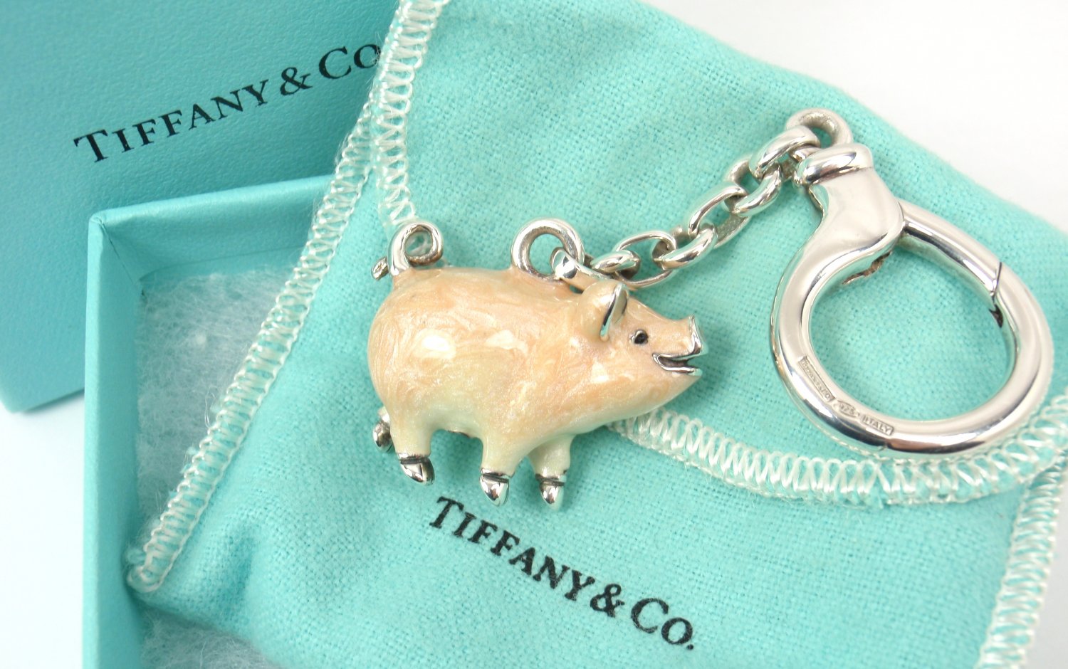 RARE Vintage Tiffany & Co Sterling Silver Enamel Pig Keyring Keychain ...