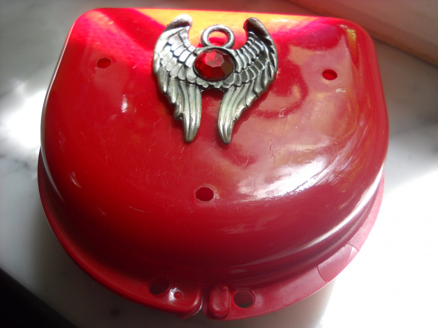 Red Denture retainer case Gothic Wings w/key chain
