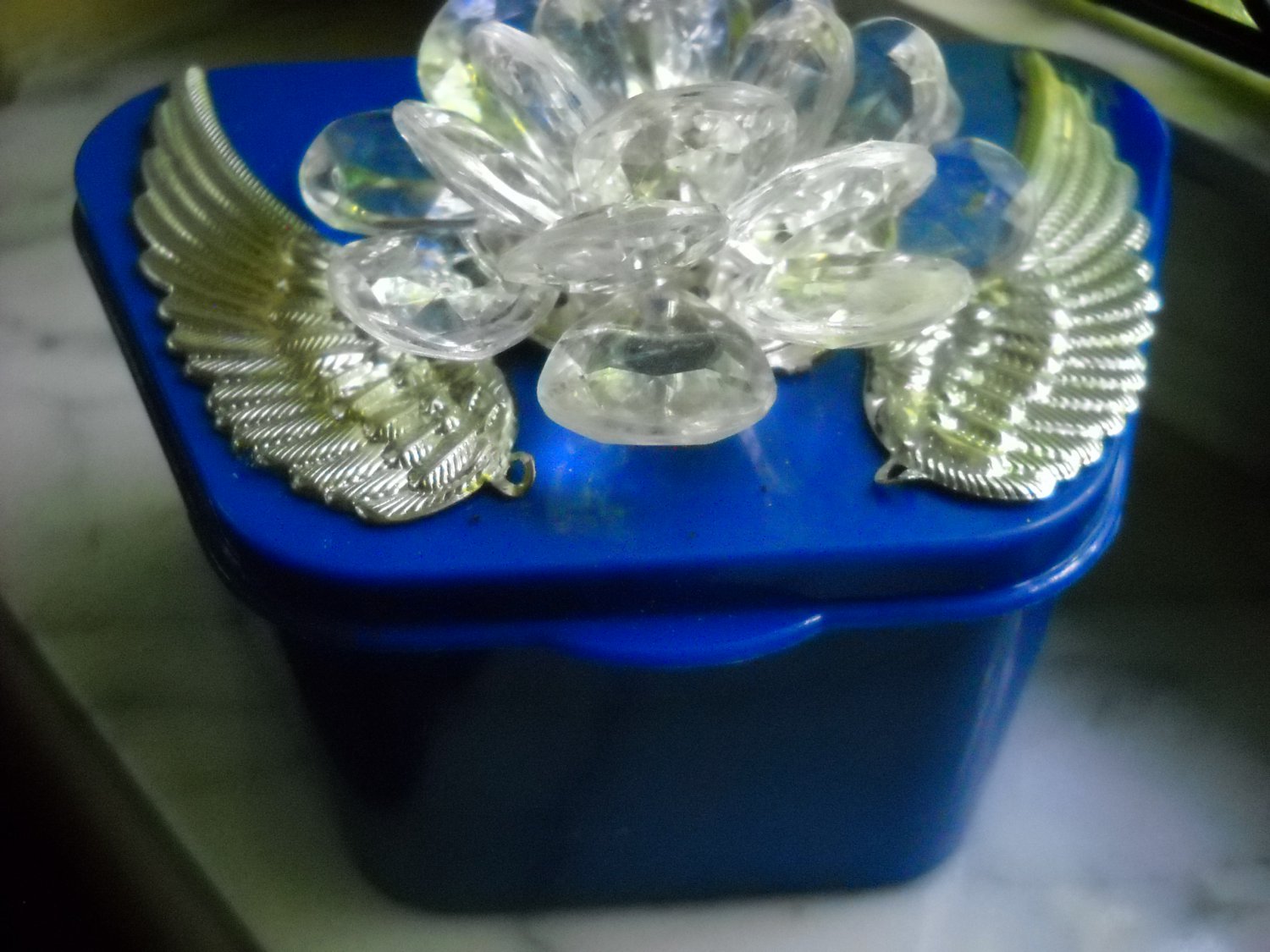 Full Denture Case Blue Silver Wings Clear Flower gem Bling Glam