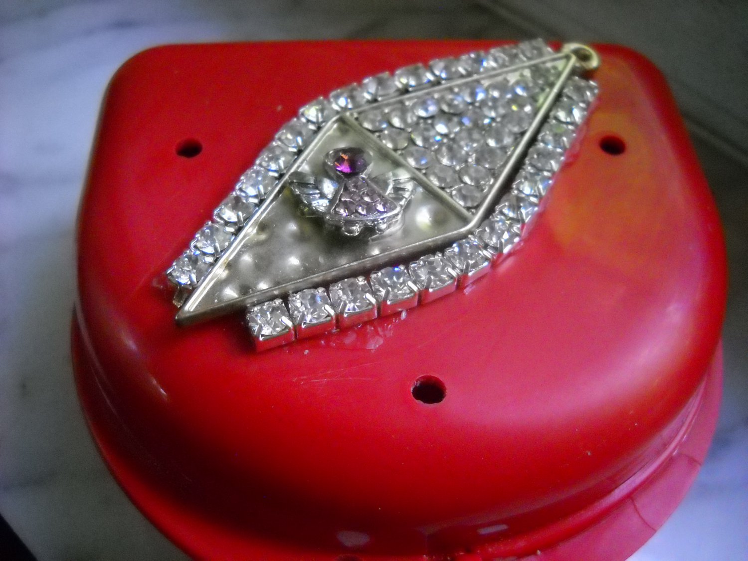 Partial Bridge Denture Brace Case Red Pink Angel & Clear gem Bling Glam