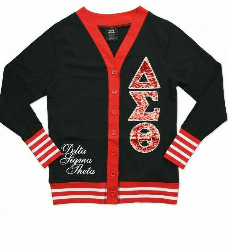 Delta Sigma Theta Sorority RED BLACK LIGHT CARDIGAN SWEATER Sequin ...