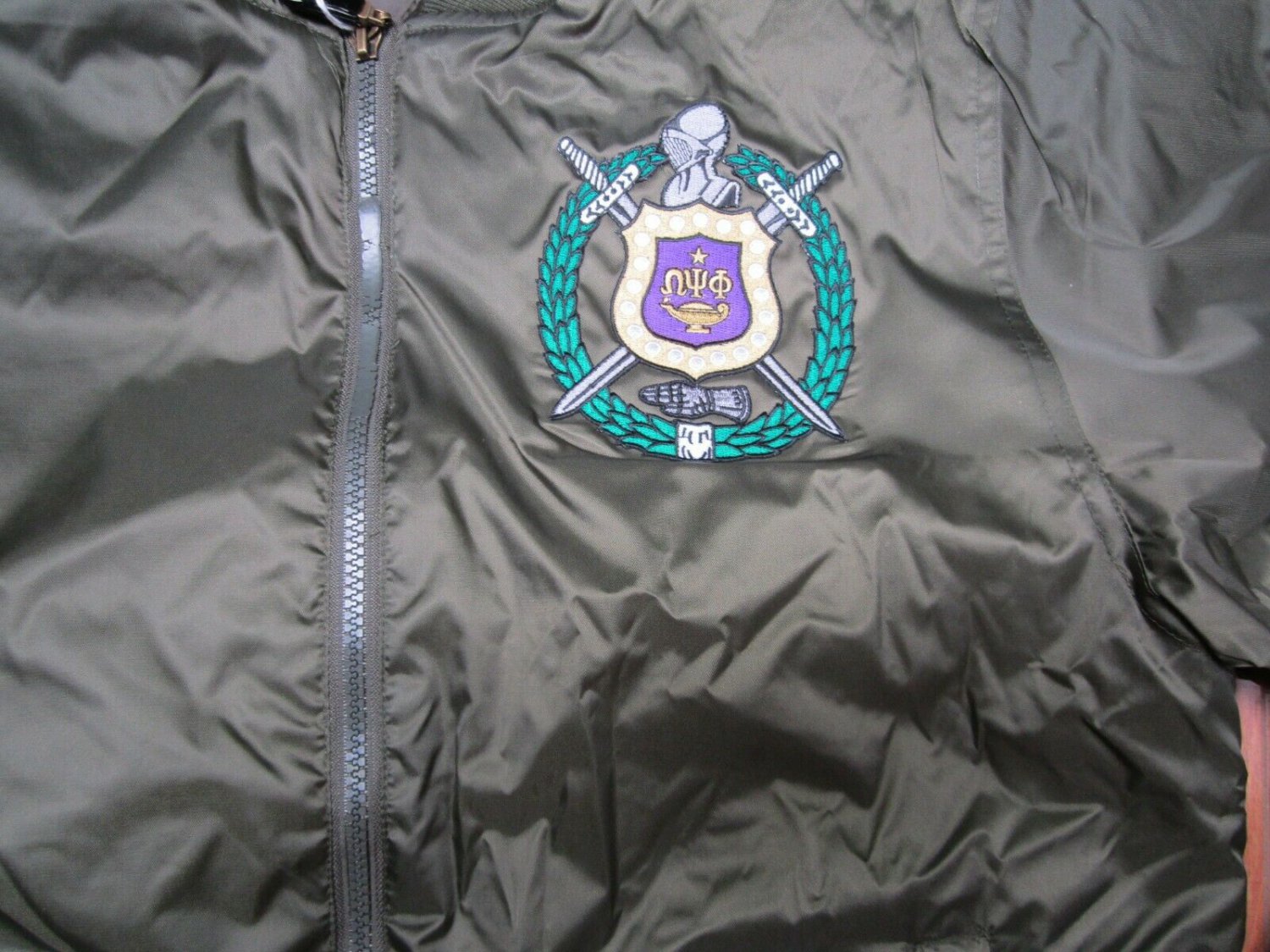 Omega Psi Phi Fraternity Bomber Jacket Q DOG Flight Jacket Olive OMEGA ...