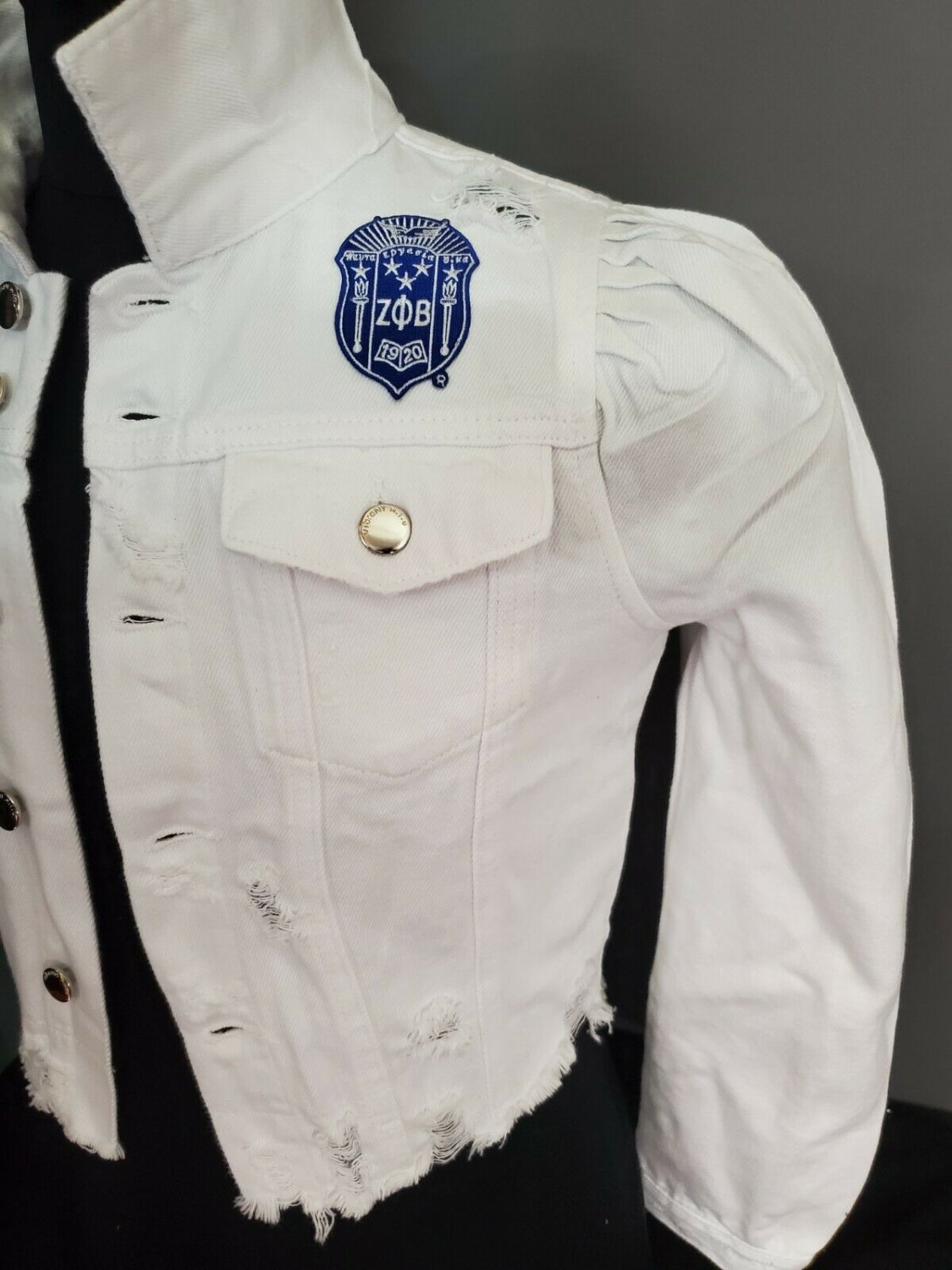 Zeta Phi Beta White Sorority Distressed Denim Jean Jacket 1920 Jean Jacket
