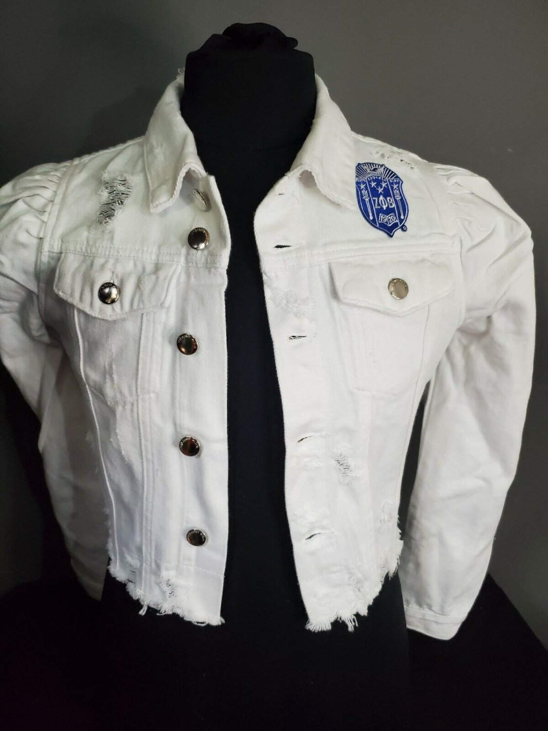 Zeta Phi Beta White Sorority Distressed Denim Jean Jacket 1920 Jean Jacket