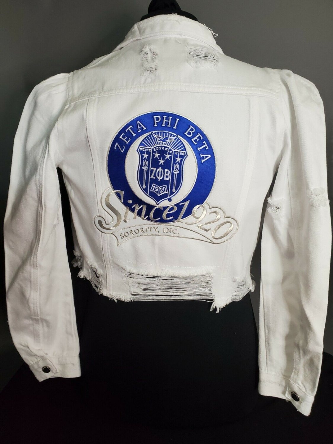 Zeta Phi Beta White Sorority Distressed Denim Jean Jacket 1920