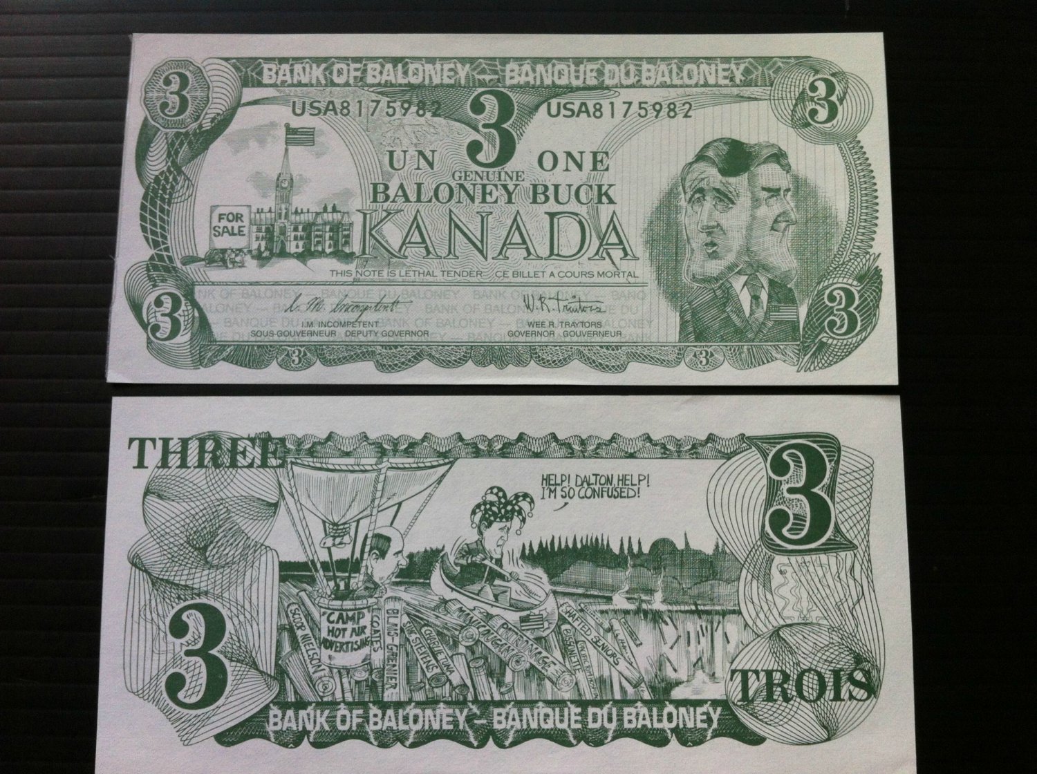Canada Fantasy Banknote - Bank of Baloney 3 dollar - Mulroney Funny Money