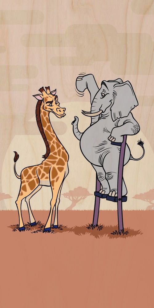 "Elephant Stilts" Standing w/ Giraffe - Plywood Wood Print Poster Wall Art
